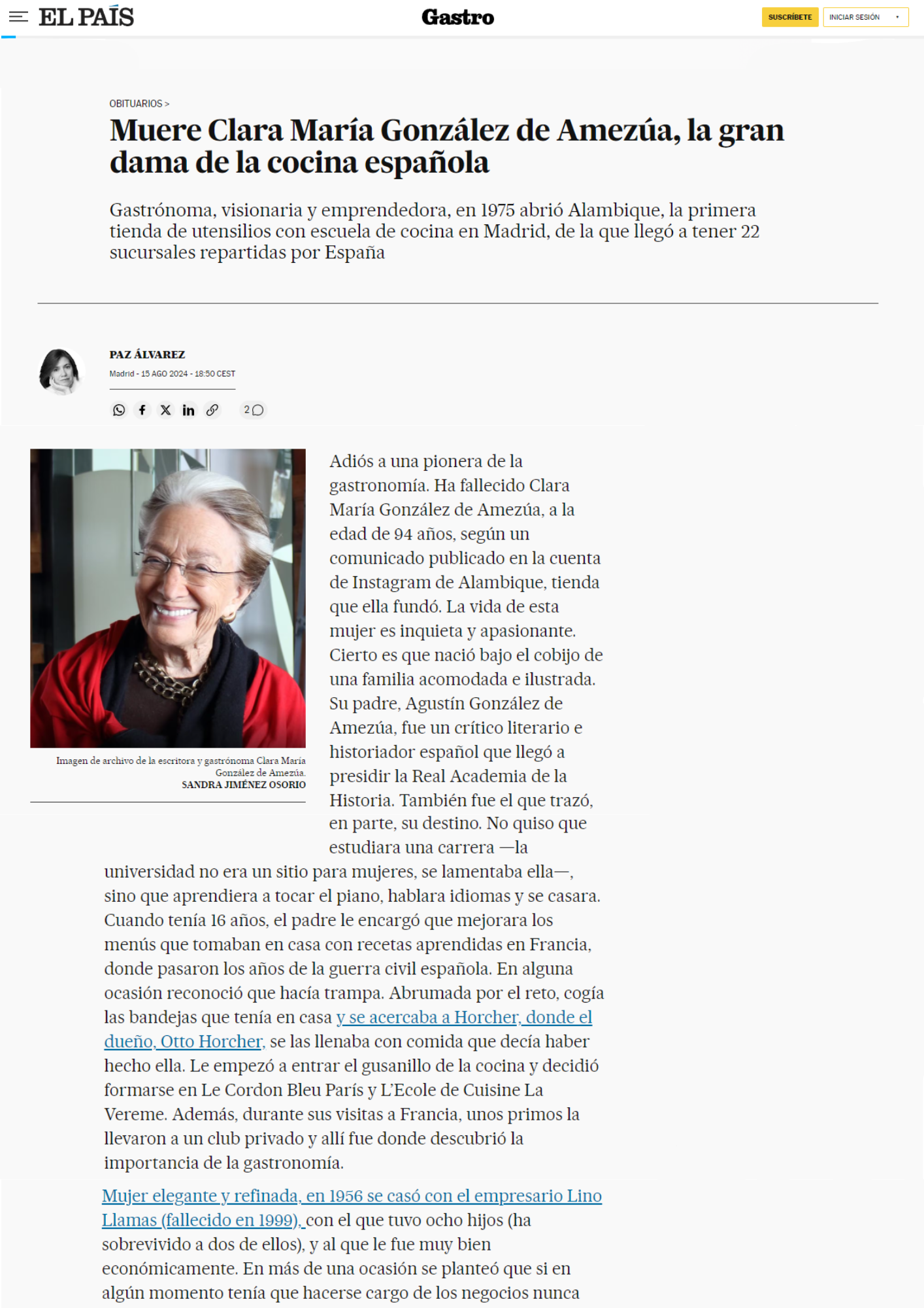 Muere Clara María González de Amezúa, la gran dama de la cocina española